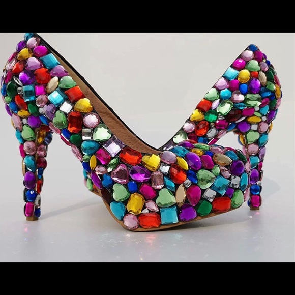 Shoes | Nwt Round Closed Toe High Heels Crystal Platform Colorful ...
